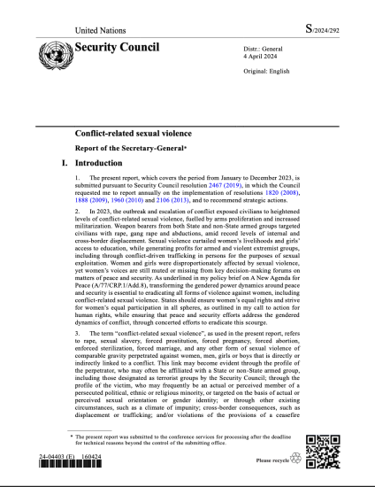 Report of the Secretary-General on conflict-related sexual violence, January - December 2023 ...